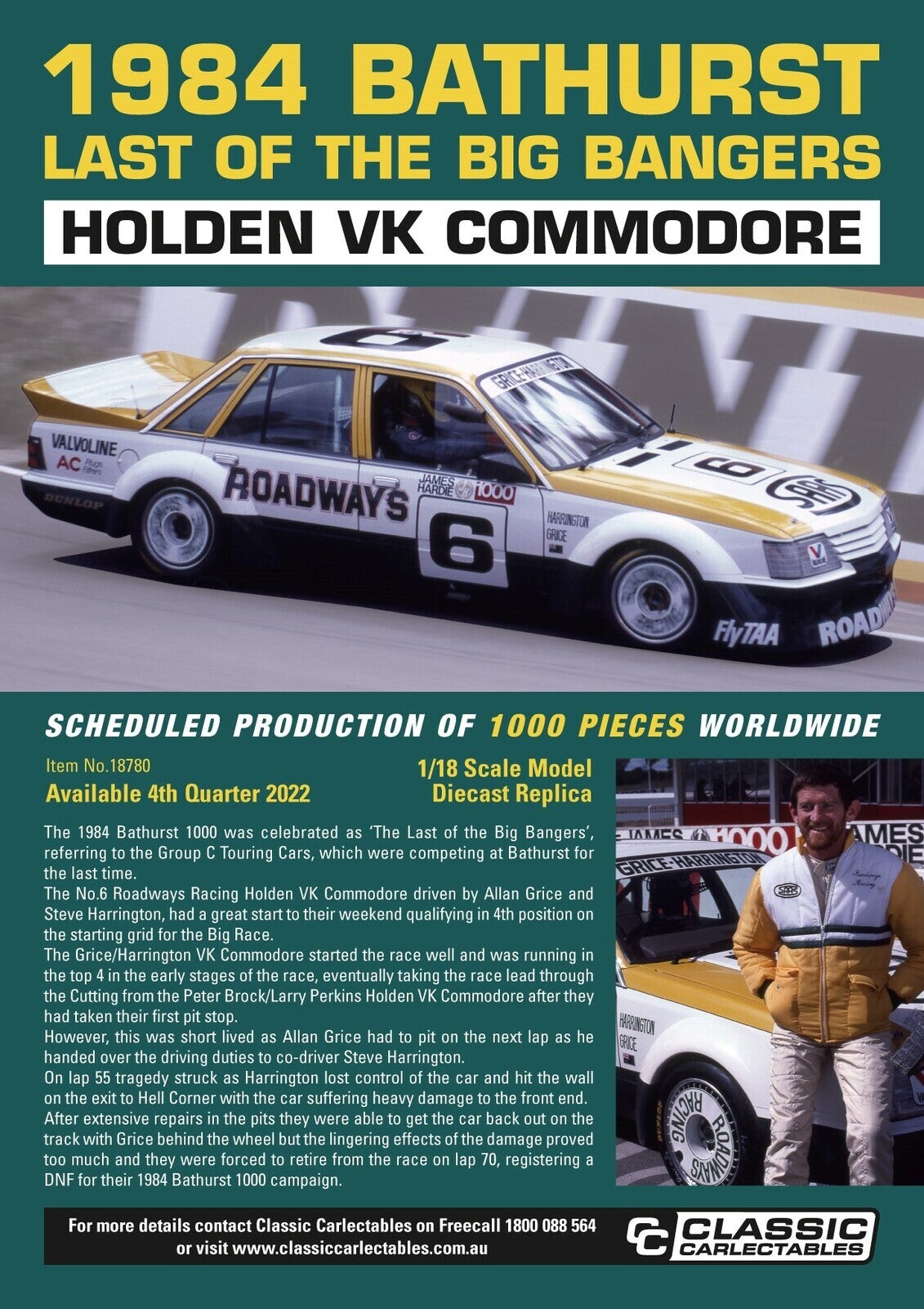 CLASSIC CARLECTABLES 1/18 HOLDEN VK COMMODORE 1984 BATHURST LAST OF THE ...
