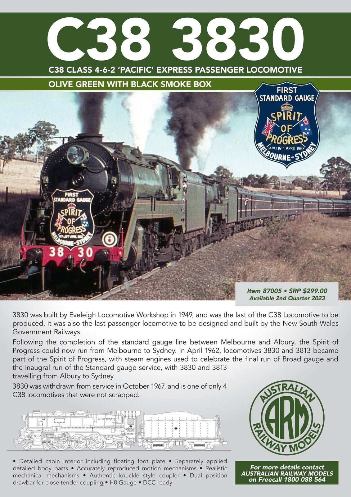 AUSTRALIAN MODEL RAILWAY HO C38 CLASS 4-6-2 'PACIFIC' EXPRESS PASSENGER ...